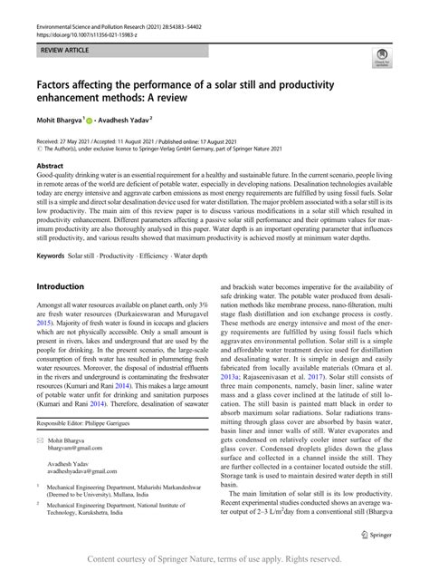 Factors Affecting The Performance Of A Solar Still And Productivity Enhancement Methods A
