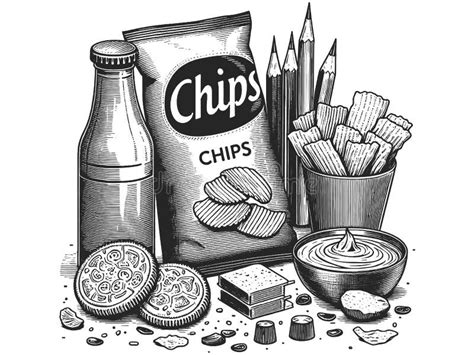 Vintage Beer Snacks Set Advertisement For A Package Of Chips Sketch