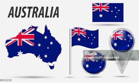 오스트레일리아 3d 설정 플래그 지도 포인터 버튼 국기 기호 평면 아이콘과 국기의 색상에지도를 흔들고 다양한 개체에 국가 기호의