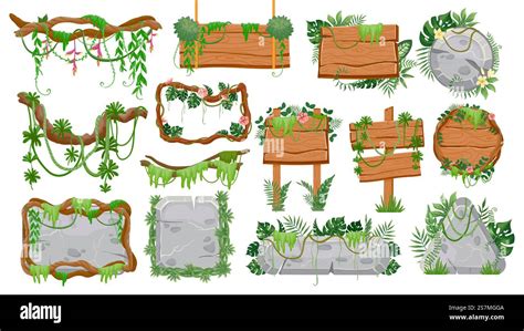 Jungle Wooden And Stone Signs Tropical Game Ui Elements Signboards Panels Frames Borders