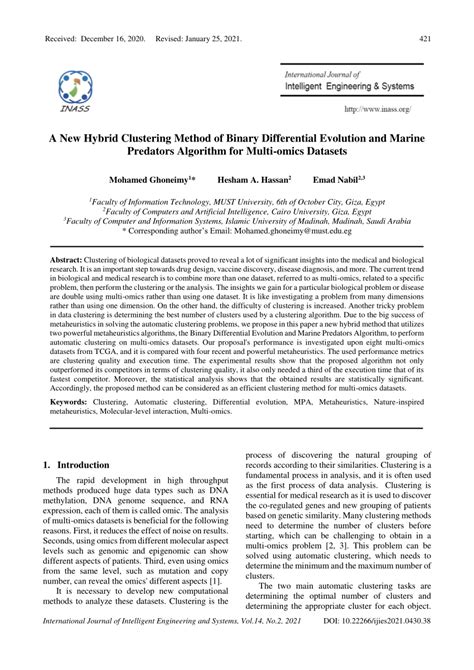 Pdf A New Hybrid Clustering Method Of Binary Differential Evolution