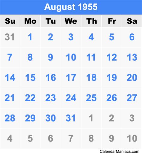 August 1955 Calendar