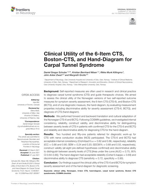 Pdf Clinical Utility Of The 6 Item Cts Boston Cts And Hand Diagram For Carpal Tunnel Syndrome