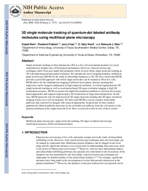Pdf Three Dimensional Single Molecule Tracking Of Quantum Dot Labeled