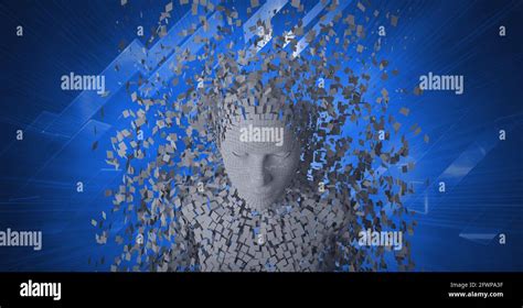 Composition Of Exploding Human Bust Formed With Grey Particles And Screens On Blue Background
