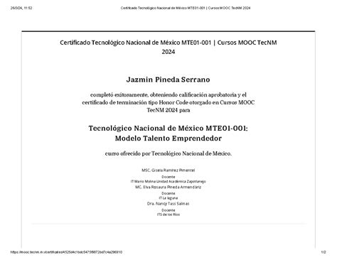 Certificado Tecnológico Nacional de México MTE01-001 Cursos MOOC Tec NM ...