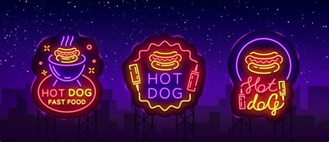 뜨거운 개 컬렉션 네온 사인 벡터 핫도그 세트 S 네온 스타일 디자인 서식 파일 밤 네온 엠 블 럼 배너 밝은 간판 카페 패스트 푸드의 광고 밤 레스토랑 빌보드 표지판에