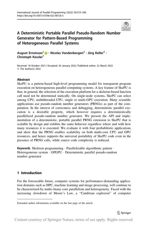 Pdf A Deterministic Portable Parallel Pseudo Random Number Generator For Pattern Based