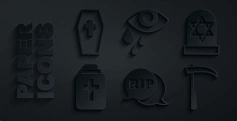 말풍선 찢어짐 죽음 다윗의 별이 있는 무덤 장례식 항아리 낫 눈물 울음 눈 및 관 십자가 아이콘을 설정합니다 벡터 3차원 형태에 대한 스톡 벡터 아트 및 기타 이미지
