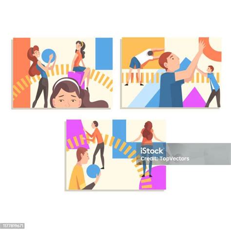 다채로운 추상 기하학적 모양 세트를 구성하는 사람들 남성과 여성 들고 다른 그림 벡터 일러스트레이션을 정렬 개념에 대한 스톡