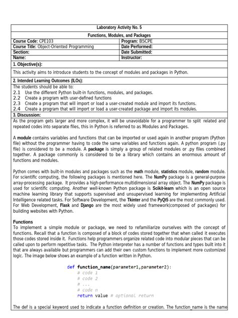 Cpe 103 Laboratory Activity 5 Functions Modules And Packages Pdf