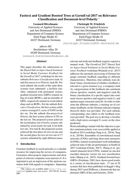 Pdf Fasttext And Gradient Boosted Trees At Germeval 2017 On Relevance Classification And