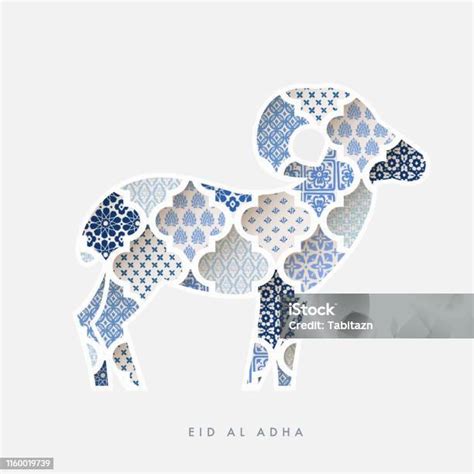 인사말 카드 장식 양의 실루엣 초대장 파란색 모로코 아랍 패턴 타일 채우기 이드 알 아드하 휴일 희생의 무슬림 지역 사회 축제 벡터 일러스트레이션 배경입니다 Eid Al