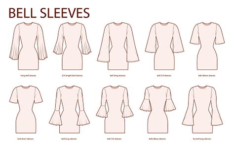 벨 소매 옷 긴 짧은 34 팔꿈치 길이 깔때기 기술 패션 일러스트 맞는 몸매 플랫 의류 템플릿 앞면 여성 남성 남녀 공용 Cad 모형 드레스에 대한 스톡 벡터 아트 및 기타