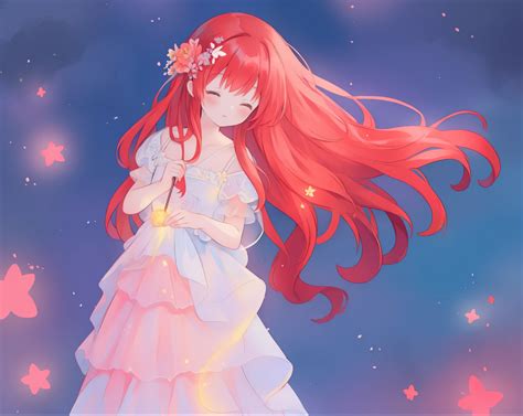 Anime Girl With Long Red Hair And A White Dress Seaart Ai