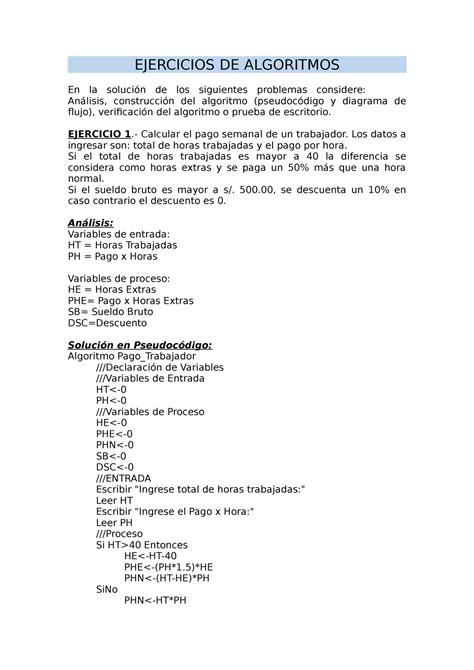 Ejercicios DE Algoritmos EJERCICIOS DE ALGORITMOS En la solución de