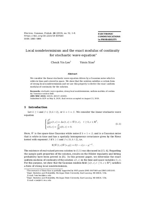 Pdf Local Nondeterminism And Modulus Of Continuity In Stochastic Wave Equations