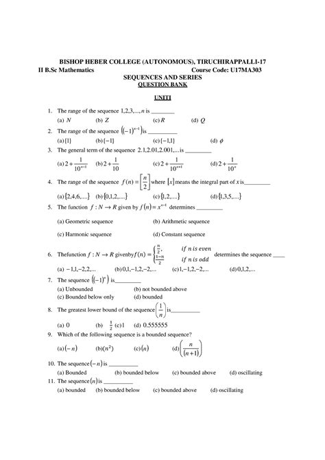 B Sc Sequences And Series MCQ BISHOP HEBER COLLEGE AUTONOMOUS TIRUCHIRAPPALLI