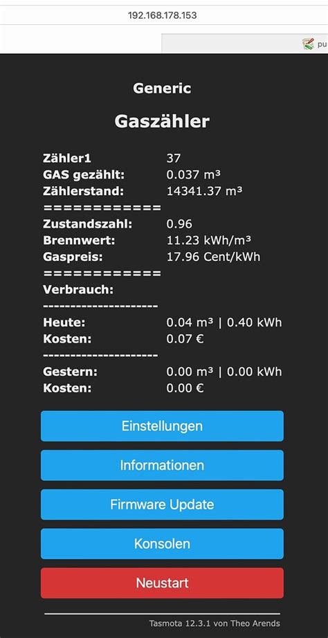Gas Meter Reading MQTT Tasmota Integration Counter Entity Sensor Gaszahler Counter C