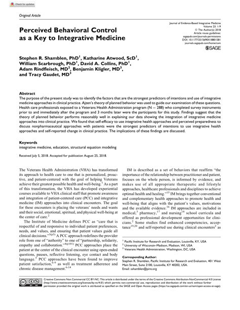 Pdf Perceived Behavioral Control As A Key To Integrative Medicine