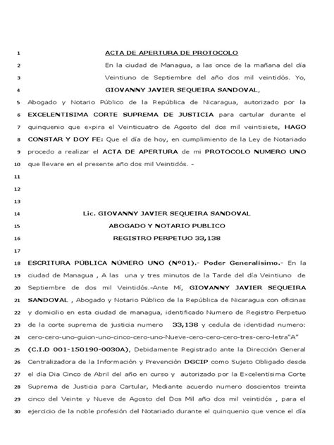 Acta De Apertura De Protocolo Giovanny Pdf Nicaragua Justicia