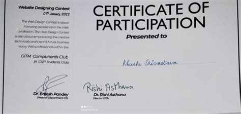 Khushi Srivastava On Linkedin Certificate By College In Website Designing Contest 🙌