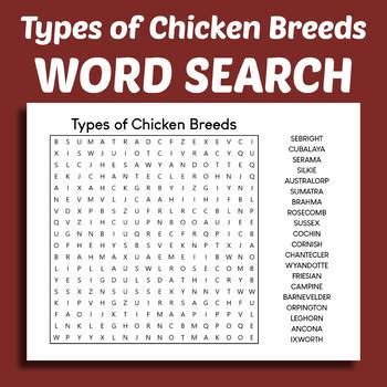 Types Of Chicken Breeds Word Search Puzzle Worksheet Printable