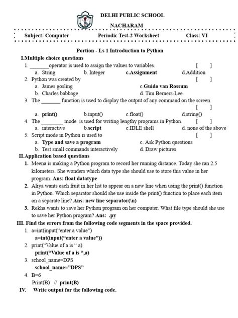 Computer Worksheet Python Basics Vi Pdf Python Programming