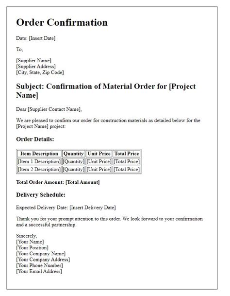 Letter Template For Construction Material Order Confirmation Free Samples In Pdf Letterin