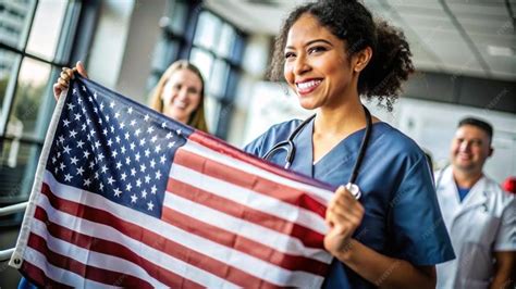 A Nurse Holding An American Flag With A Proud Smiling Face Premium Ai