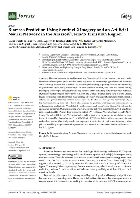 Pdf Biomass Prediction Using Sentinel 2 Imagery And An Artificial Neural Network In The Amazon