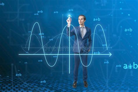 Attractive Young European Businessman Using Abstract Glowing Mathematical Formula Graph On Blue