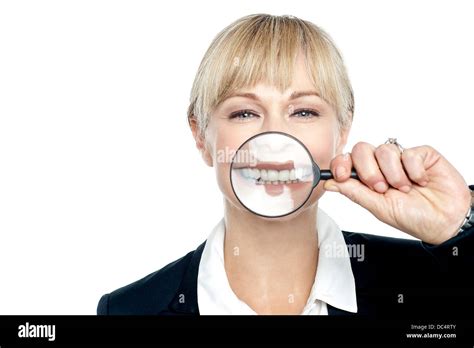 Caucasian Woman Playing With Magnifying Glass Stock Photo Alamy