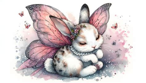 A Small Fluffy Rabbit With Closed Eyes Is Depicted W Stock