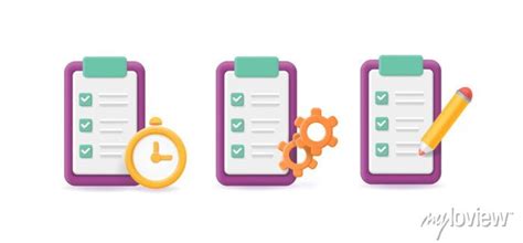 Clipboard With Gear Check List With Clock Icon Clipboard Task • Wall Stickers Set Three