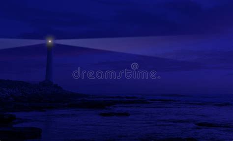 View Of Coastal Lighthouse At Night With Warning Lights Blazing Stock Photo Image Of Side