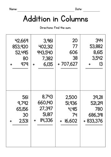 Adding Five Numbers In Columns Addition Worksheets Teaching Resources