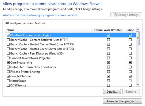 Version Windows Firewall Exceptions BlueNote Legacy
