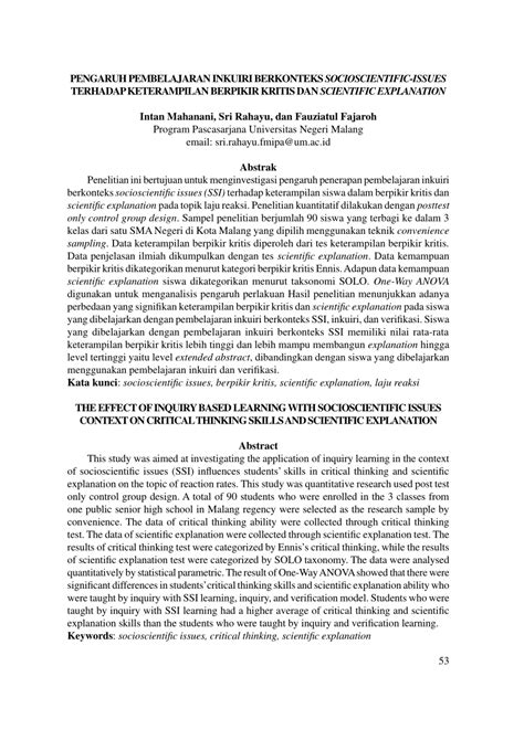 Pdf The Effect Of Inquiry Based Learning With Socioscientific Issues Context On Critical