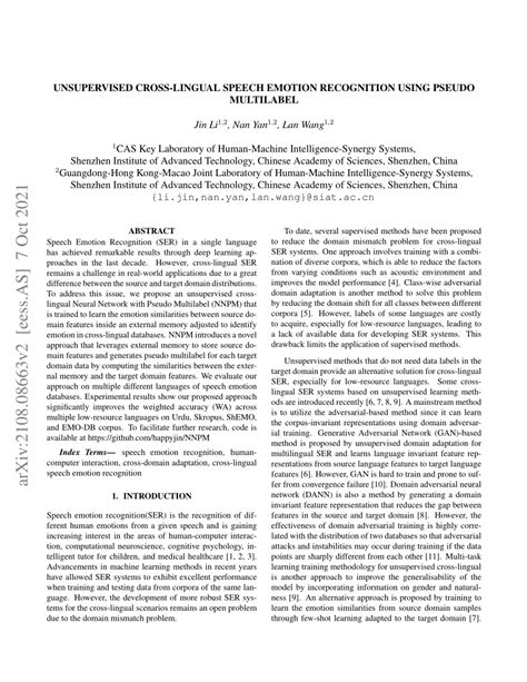 Pdf Unsupervised Cross Lingual Speech Emotion Recognition Using
