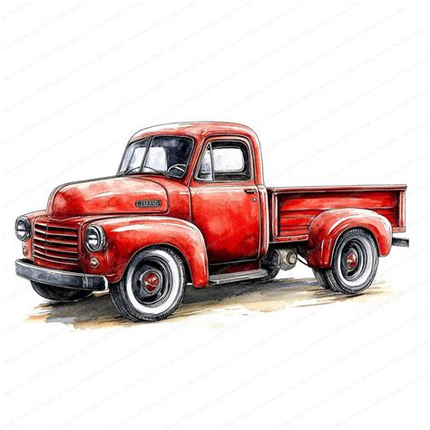 16 Watercolor Red Pickup Truck Clipart Vintage Farm Truck Printable