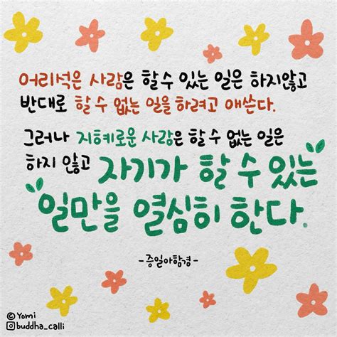 요미 캘리그라피 어리석은 사람은 할 수 있는 일은 하지 않고 반대로 할 수 없는 일을 하려고 애쓴다 그러나 지혜로운 사람은 할 수 없는 일은 하지 않고 자기가 할