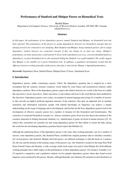 Pdf Performance Of Stanford And Minipar Parser On Biomedical Texts