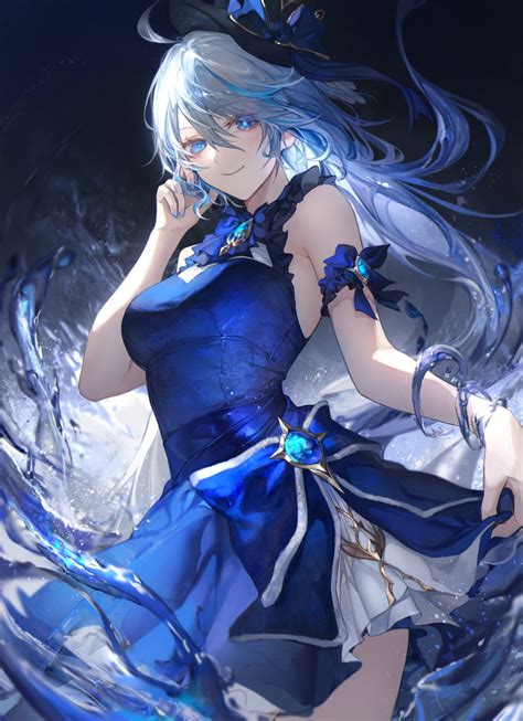 Safebooru 1girl Armpit Crease Blue Dress Blue Eyes Blue Hat Breasts