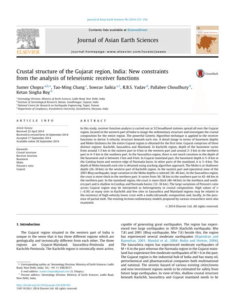 Pdf Crustal Structure Of The Gujarat Region India New Constraints From The Analysis Of