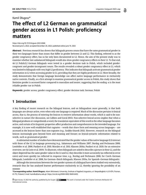Pdf The Effect Of L2 German On Grammatical Gender Access In L1 Polish Proficiency Matters