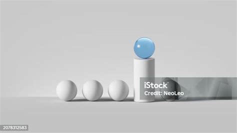 3d 렌더링 추상적인 미니멀리스트 기하학적 배경 흰색 공 줄에 흰색 실린더 상단에 파란색 유리 공 격리된 개체 뛰어난 개념 유일무이한 이점 은유 강단에 대한 스톡 사진 및