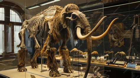 A Woolly Mammoth Skeleton On Display In A Museum Premium Ai Generated