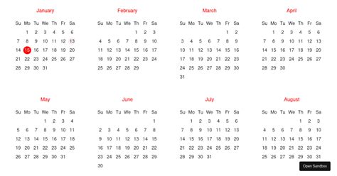 Angular Calendar Year View Examples Codesandbox
