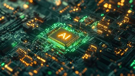 futuristic ai microchip glowing green on circuit board stock illustration illustration of